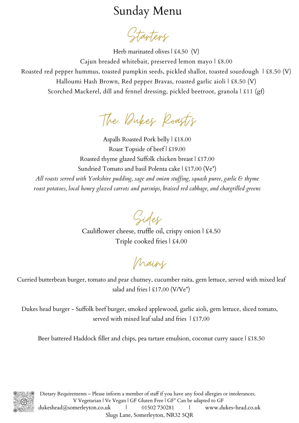 Sunday Sample Menu — Dukes Head Somerleyton