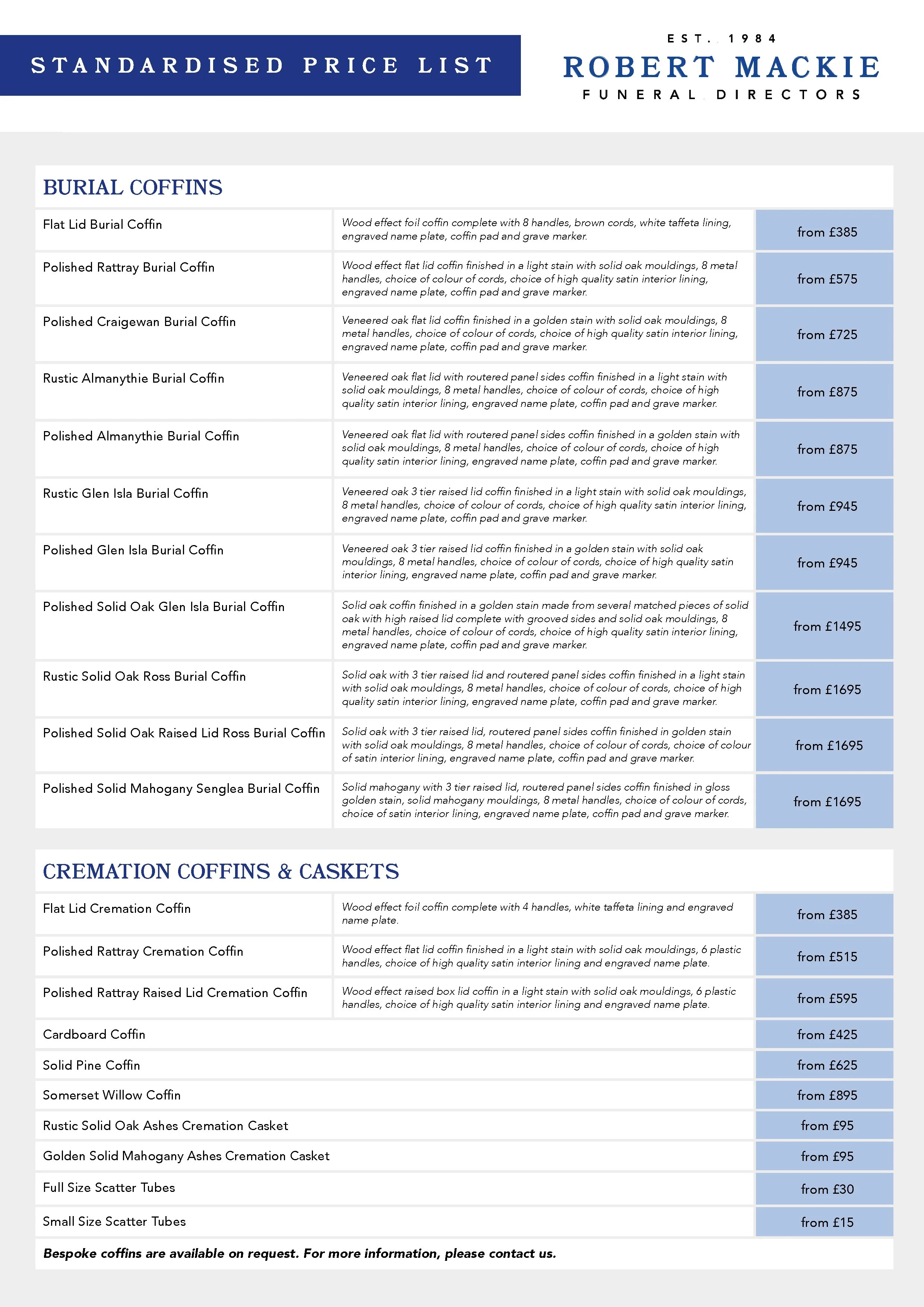 Funeral Costs — Robert Mackie Funeral Directors