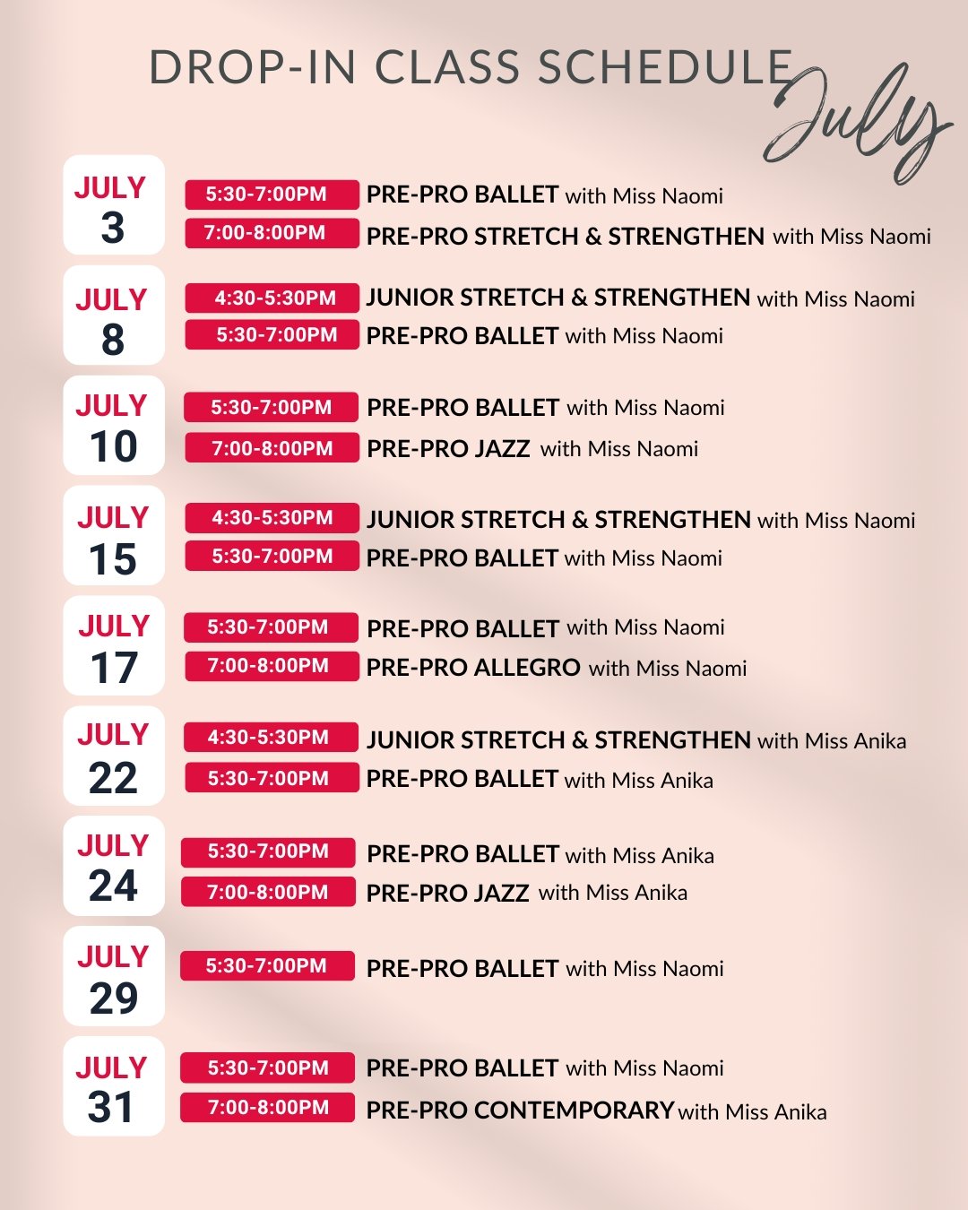 Summer Drop-In Class Schedule — Arise School of Dance