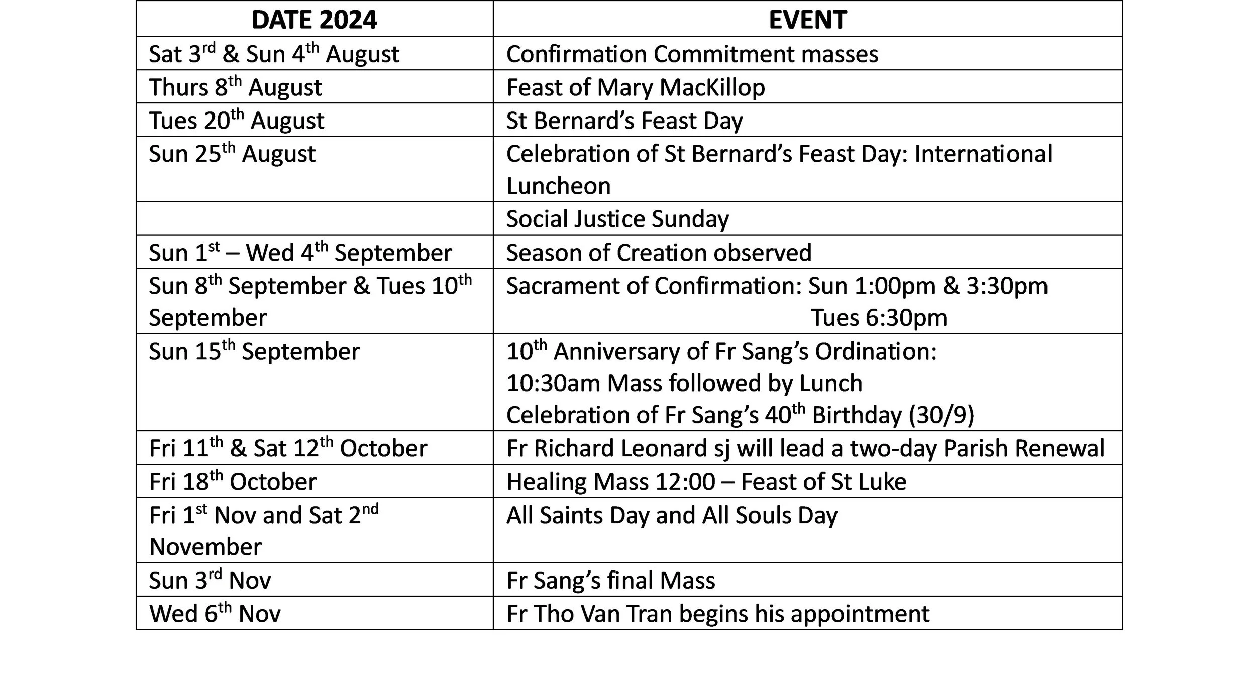 Parish Calendar — St Bernard's Parish Belmont