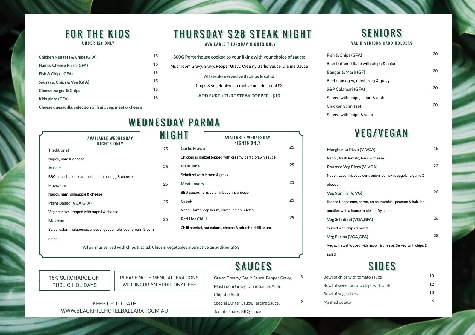 Menu — Black Hill Hotel Ballarat