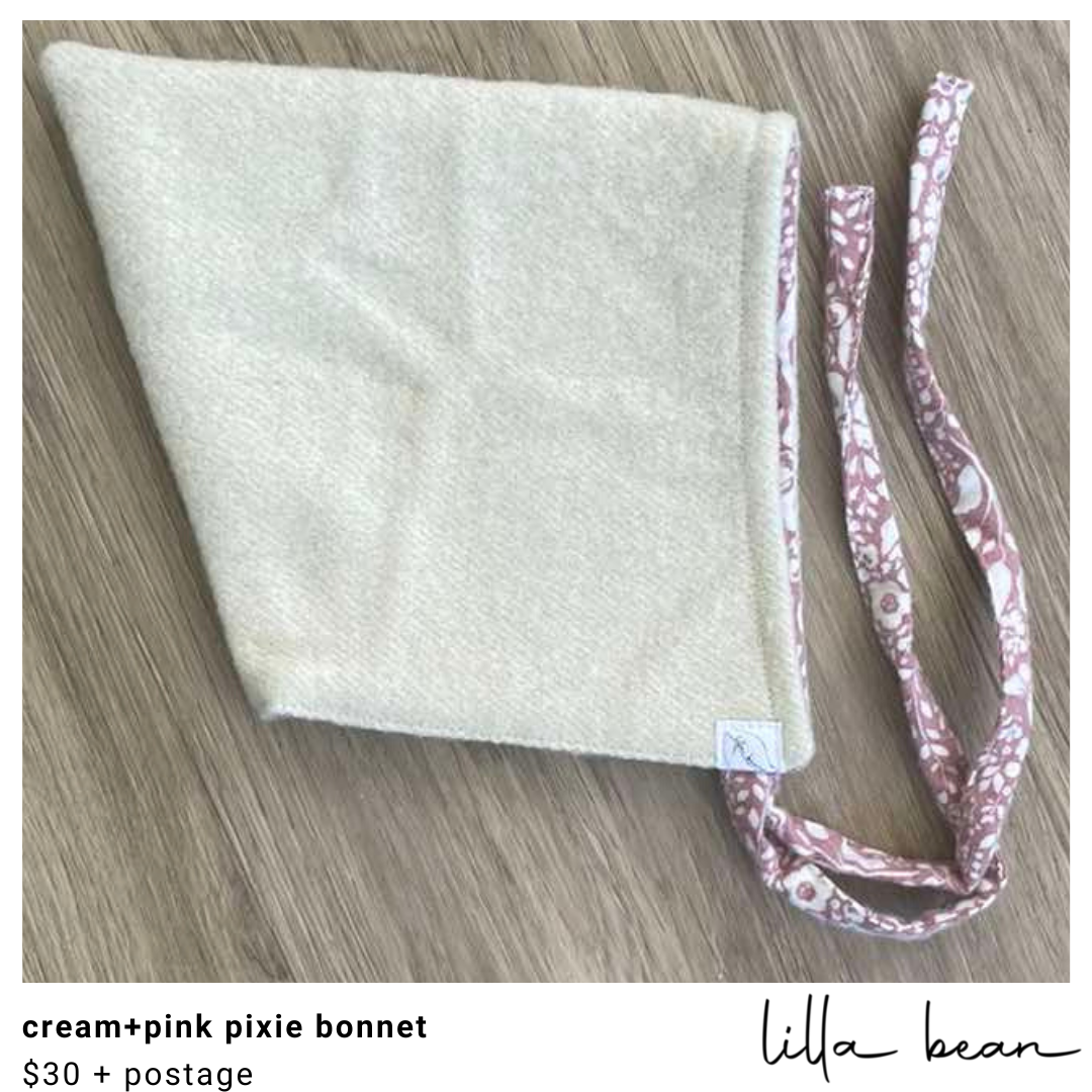 cream+pink pixie bonnet, size Medium — Lilla Bean