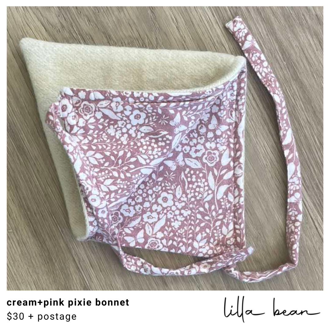 cream+pink pixie bonnet, size Medium — Lilla Bean