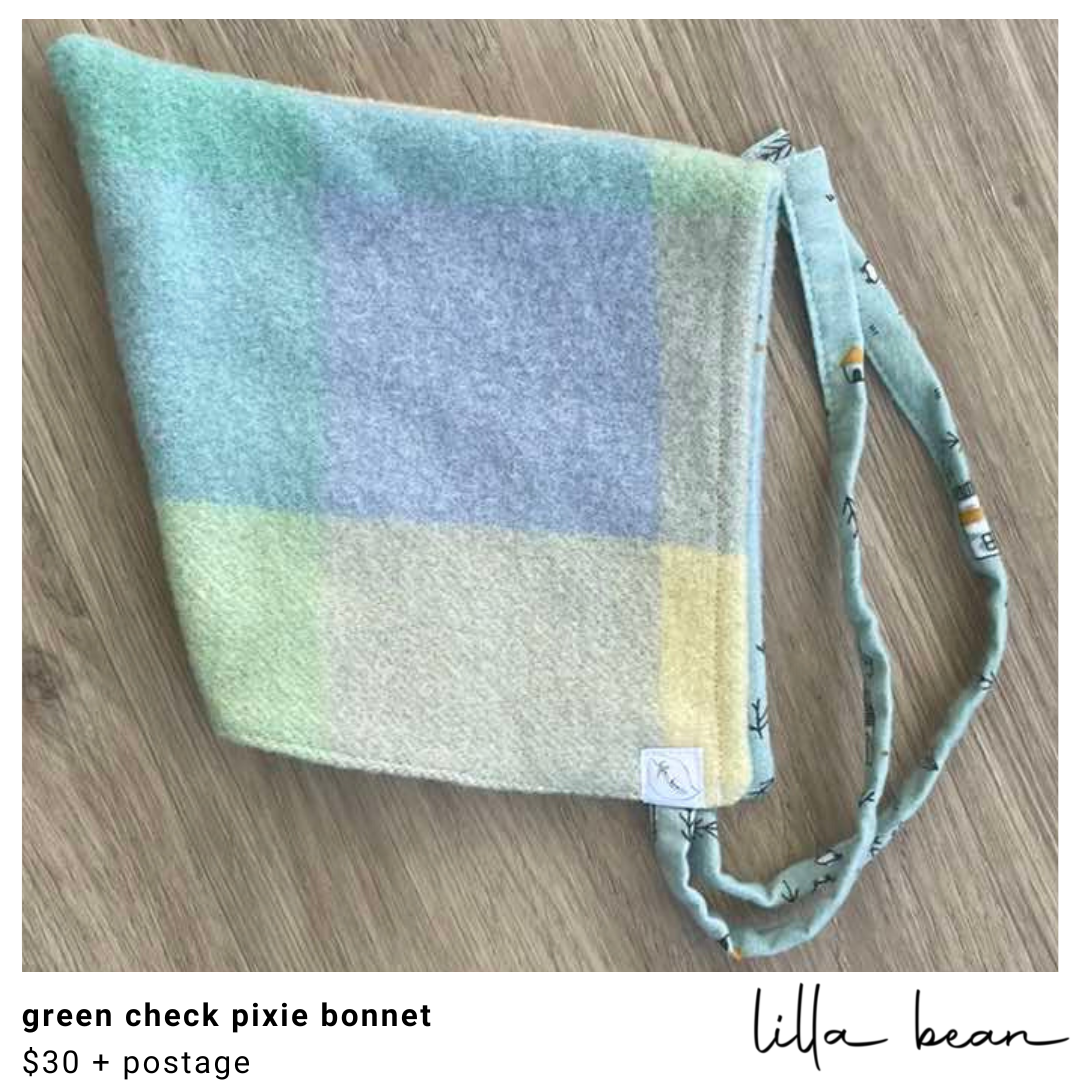 green check pixie bonnet, size Small — Lilla Bean