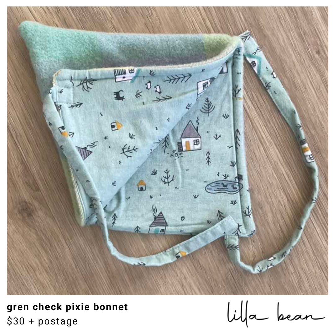 green check pixie bonnet, size Small — Lilla Bean