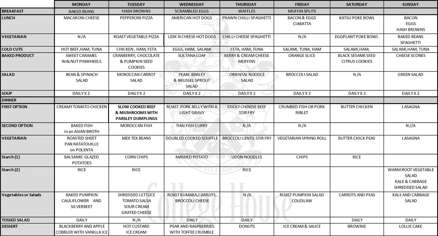 Menu — College House - University of Canterbury