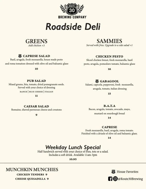 Food Menu — Route 30 Brewing