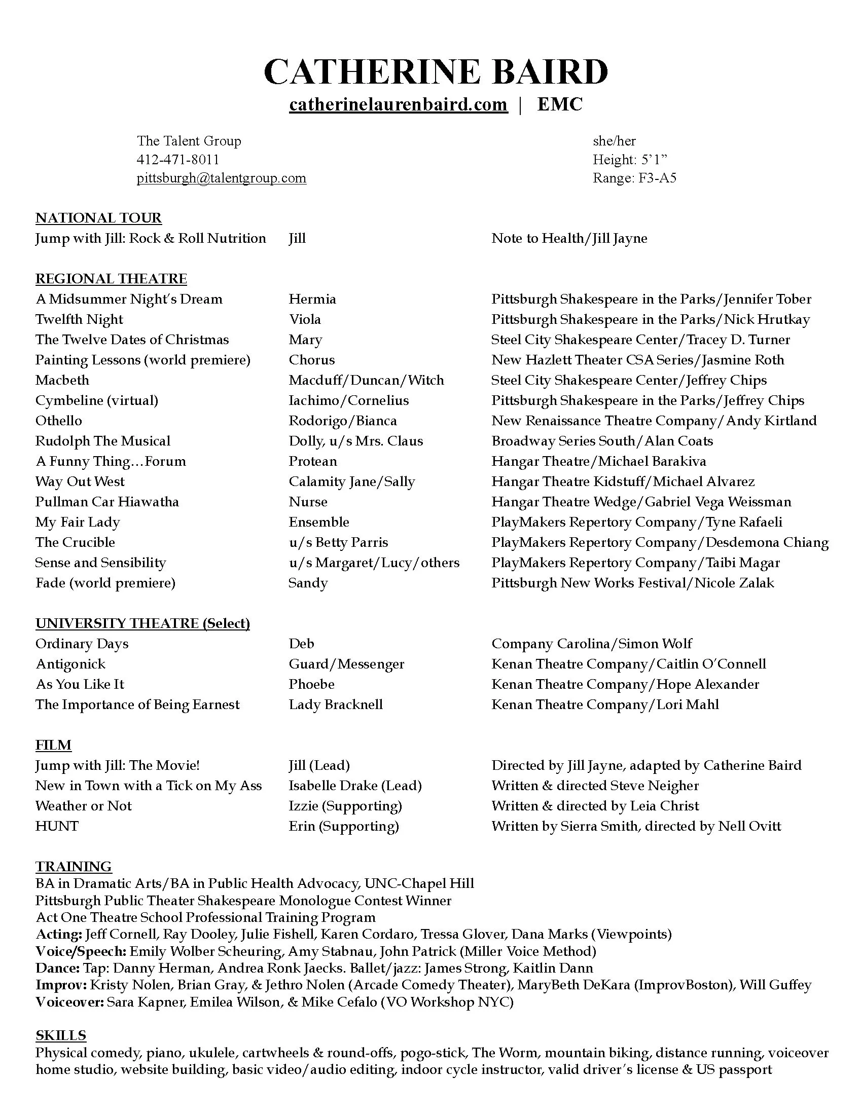 Headshots & Resume — Catherine Baird
