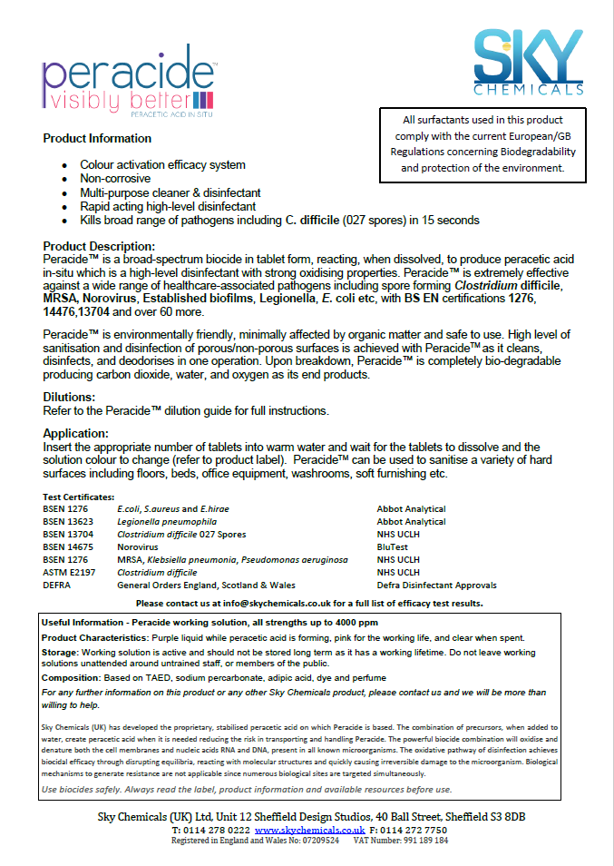 Peracide In-situ Peracetic Acid user Guides and SDS / COSHH | Peracide