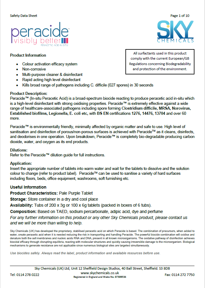 Peracide In-situ Peracetic Acid user Guides and SDS / COSHH | Peracide