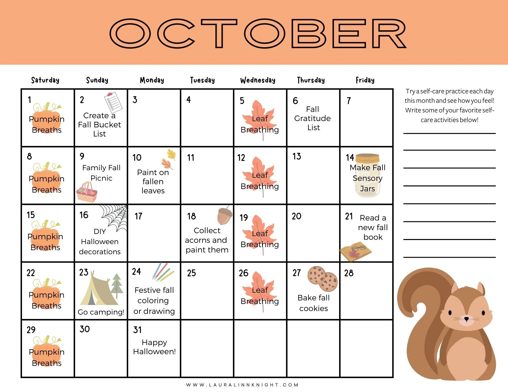 October 2022 Kids' Self-Care and Family Fun Calendar — Laura Linn Knight