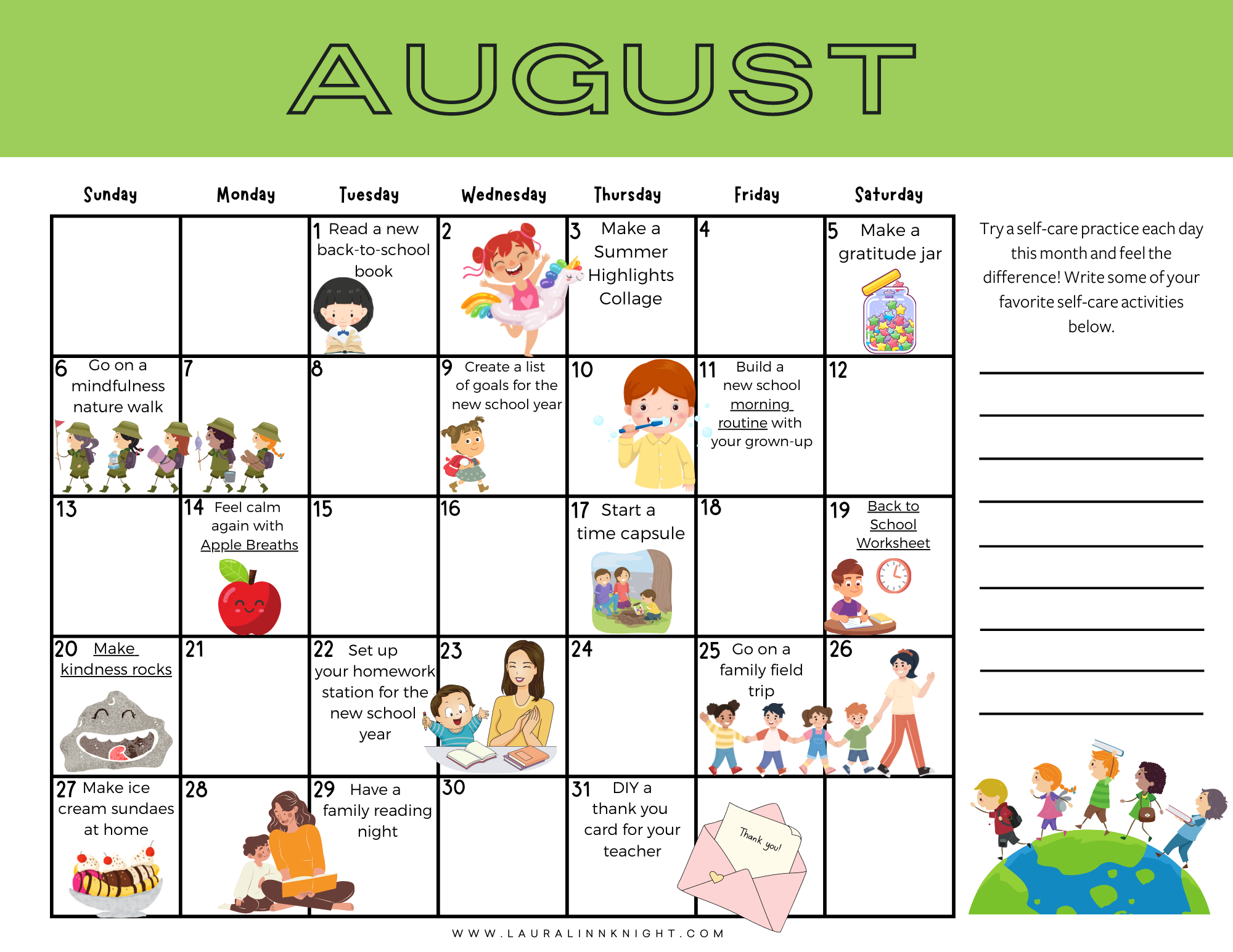 Download the FREE August 2023 Kids’ Self-Care and Family Fun Calendar ...