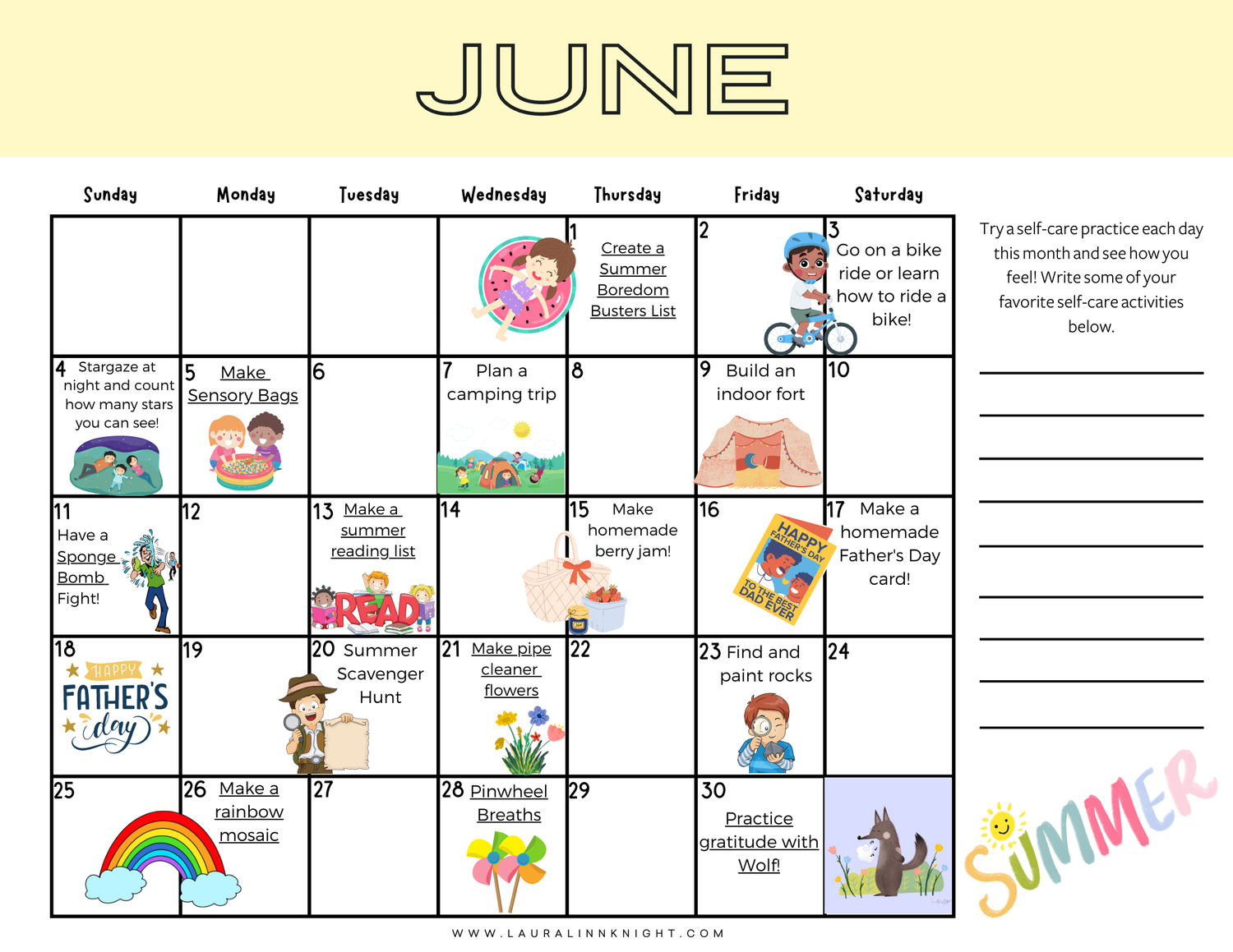 Free June 2023 Kids’ Self-Care Calendar - Download Now! — Laura Linn Knight