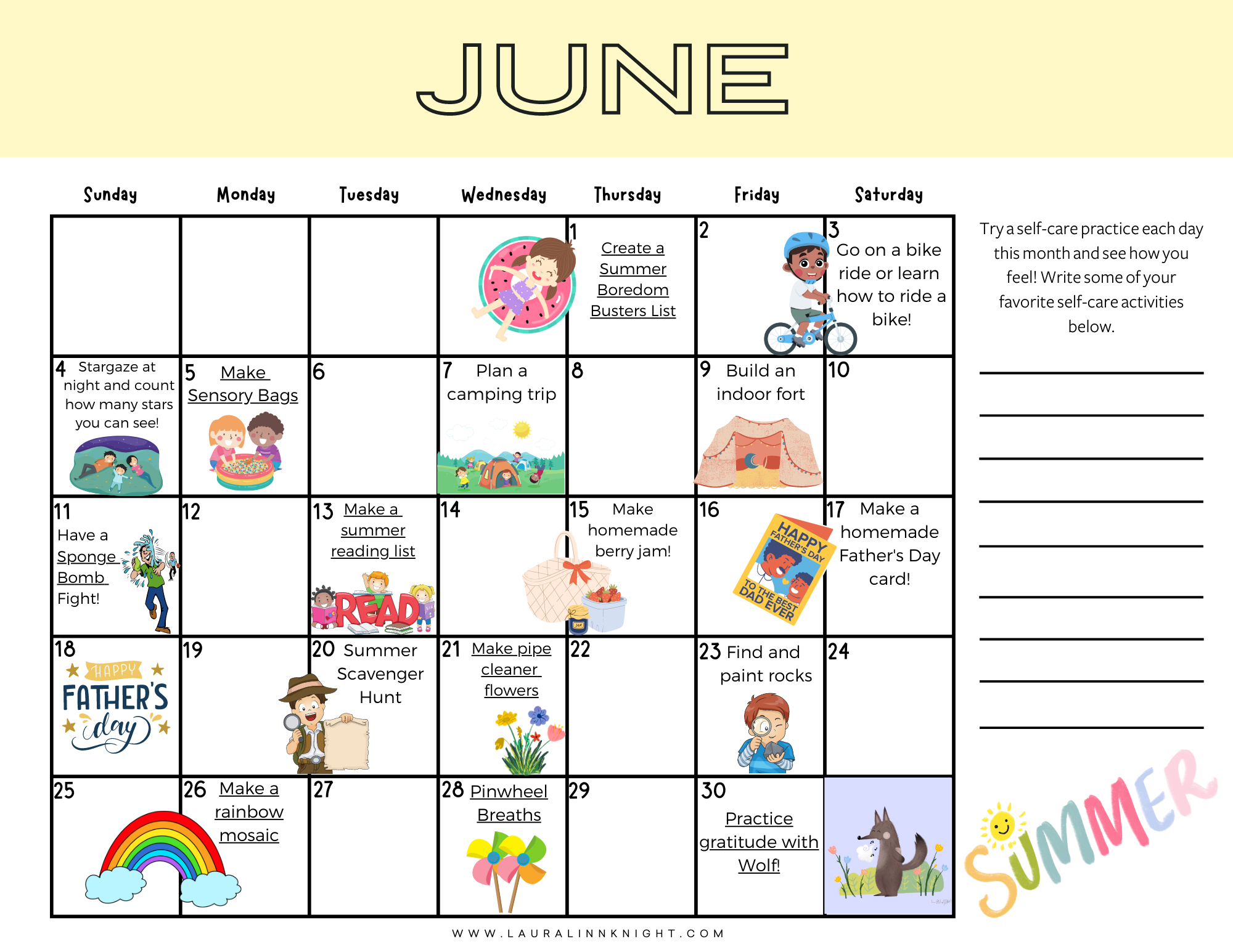 Free June 2023 Kids’ Self-Care Calendar - Download Now! — Laura Linn Knight