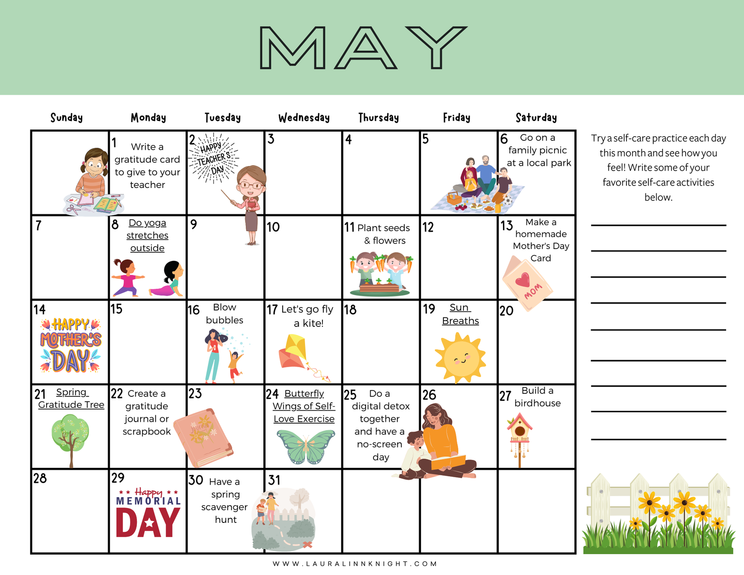 Free Printable May 2023 Kids’ Self-Care Calendar! — Laura Linn Knight