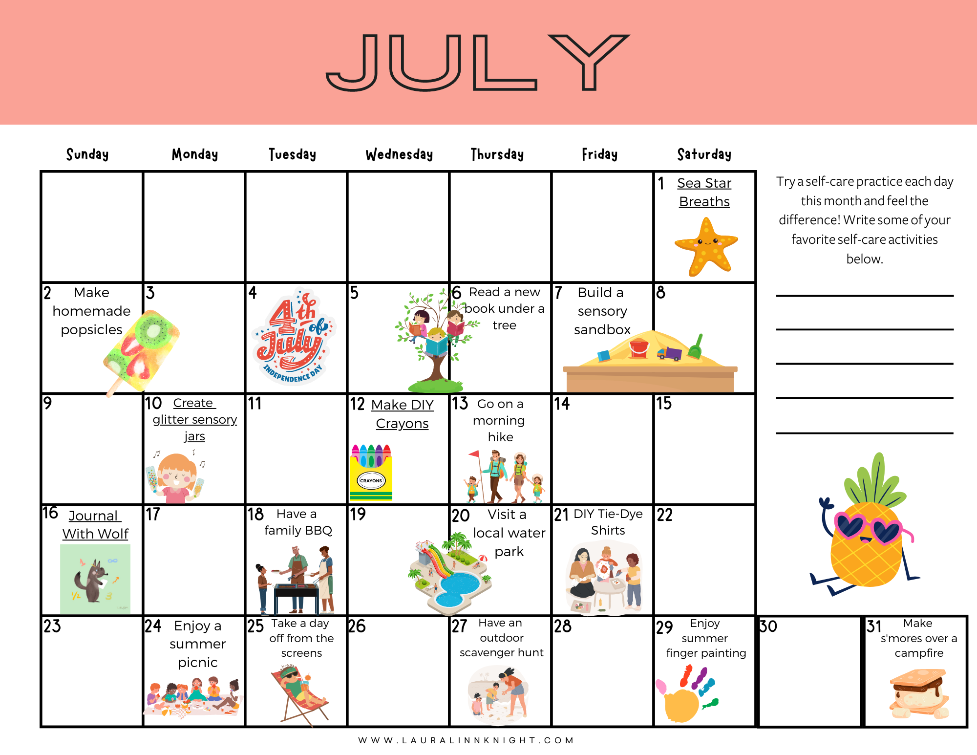 FREE July 2023 Self-Care and Summer Activities Calendar for Kids and ...