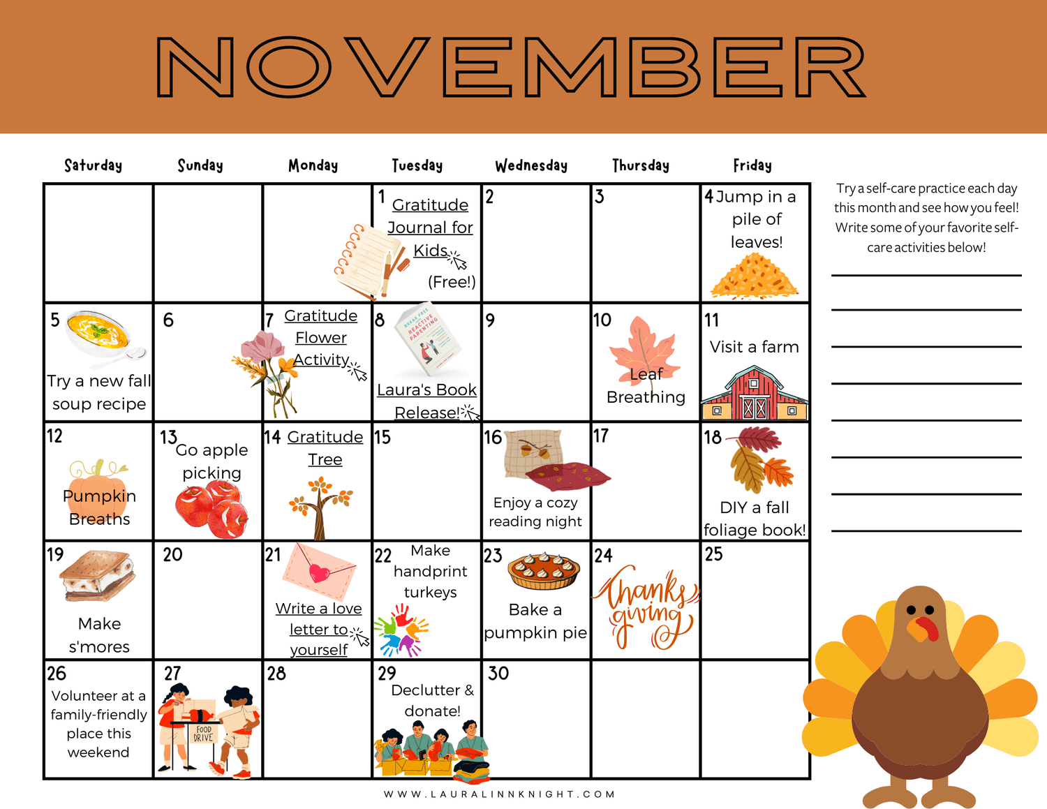 FREE Printable November 2022 Kids' Self-Care and Family Fun Calendar ...