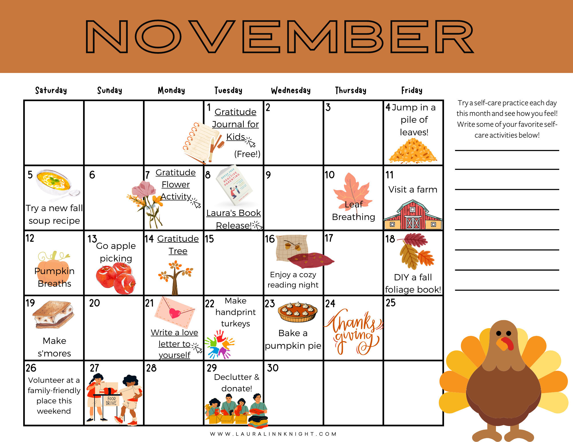 FREE Printable November 2022 Kids' Self-Care and Family Fun Calendar ...