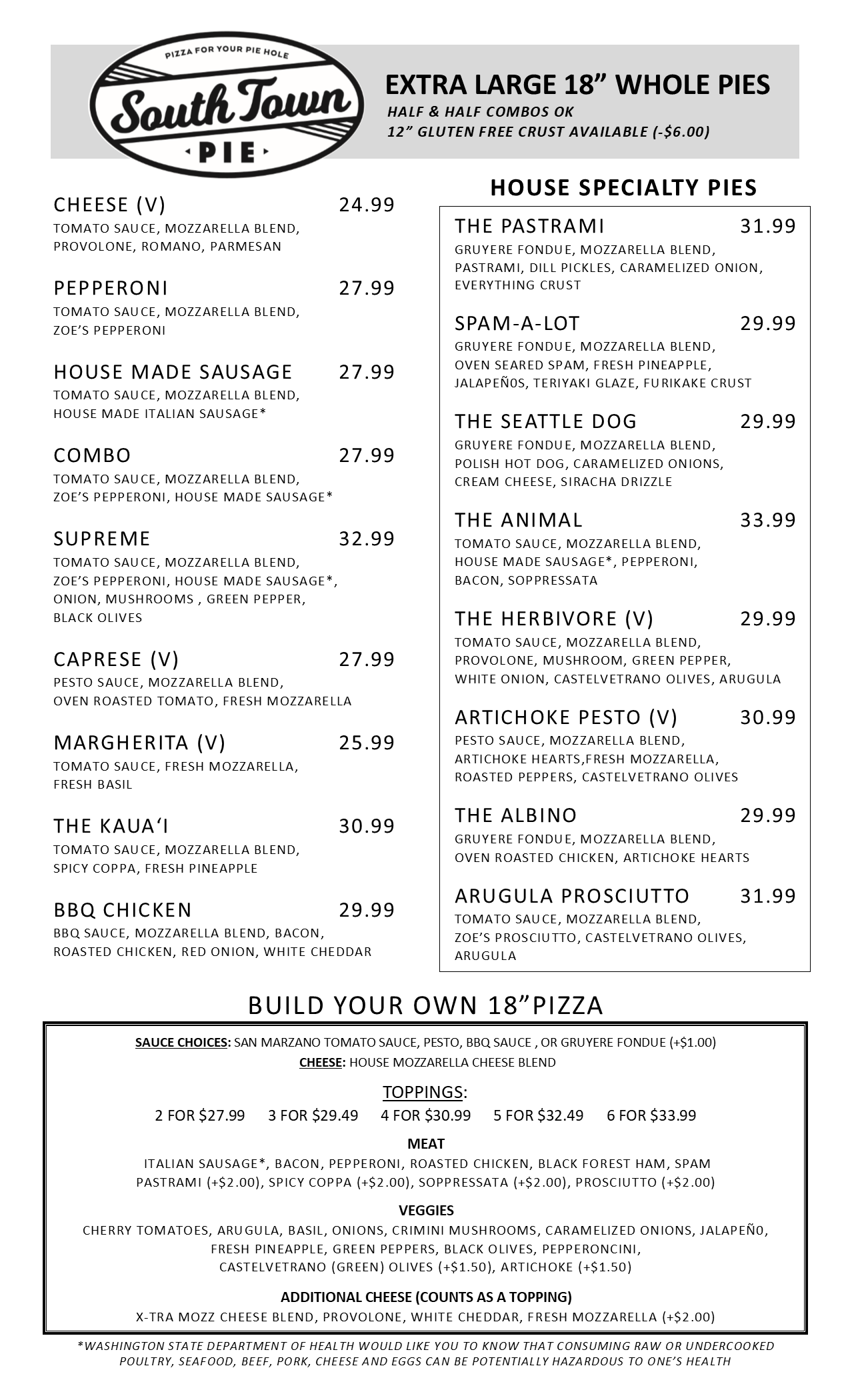 Menus — South Town Pie | Pizza Bar in South Park, Seattle