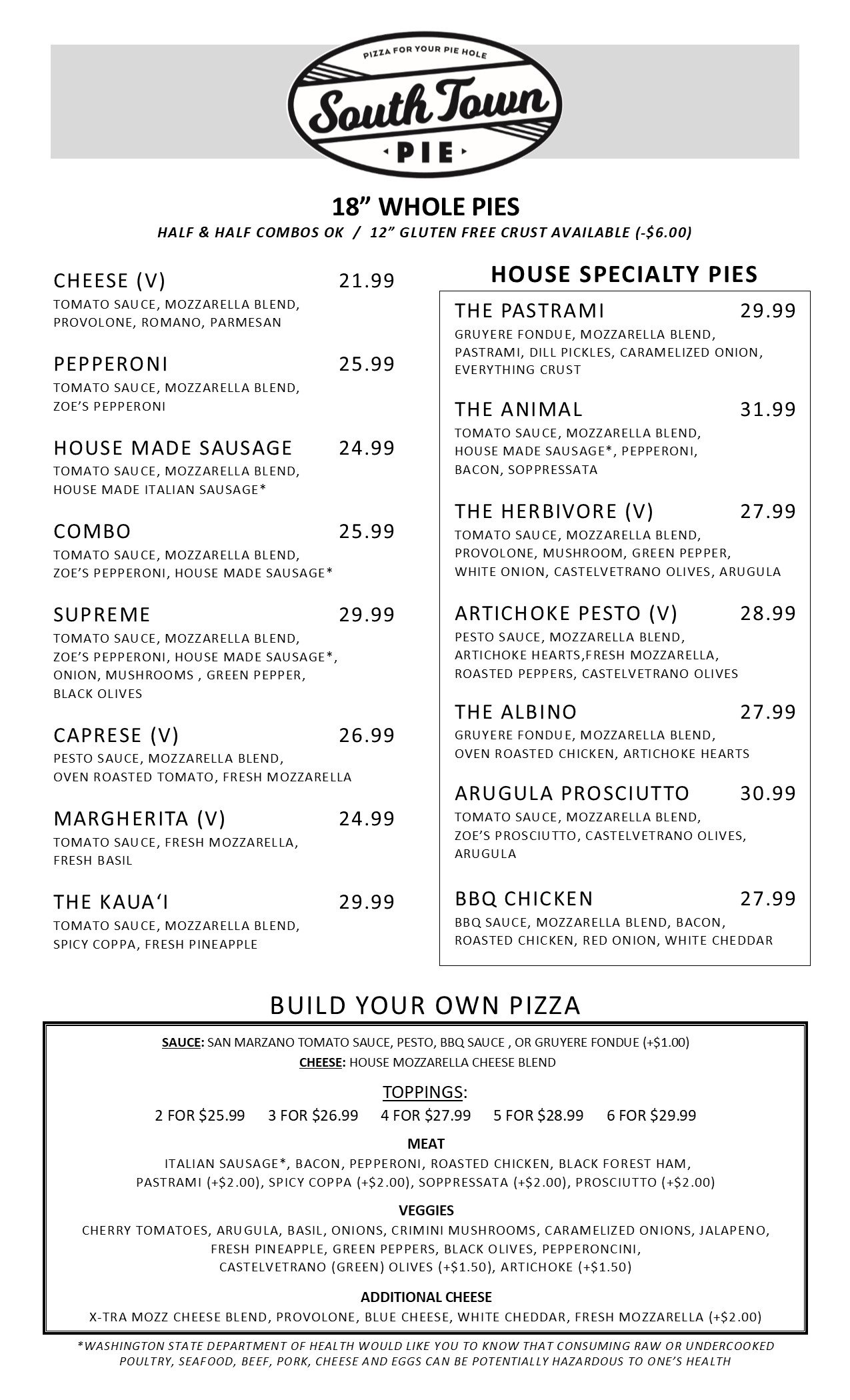 Menus — South Town Pie | Pizza Bar in South Park, Seattle