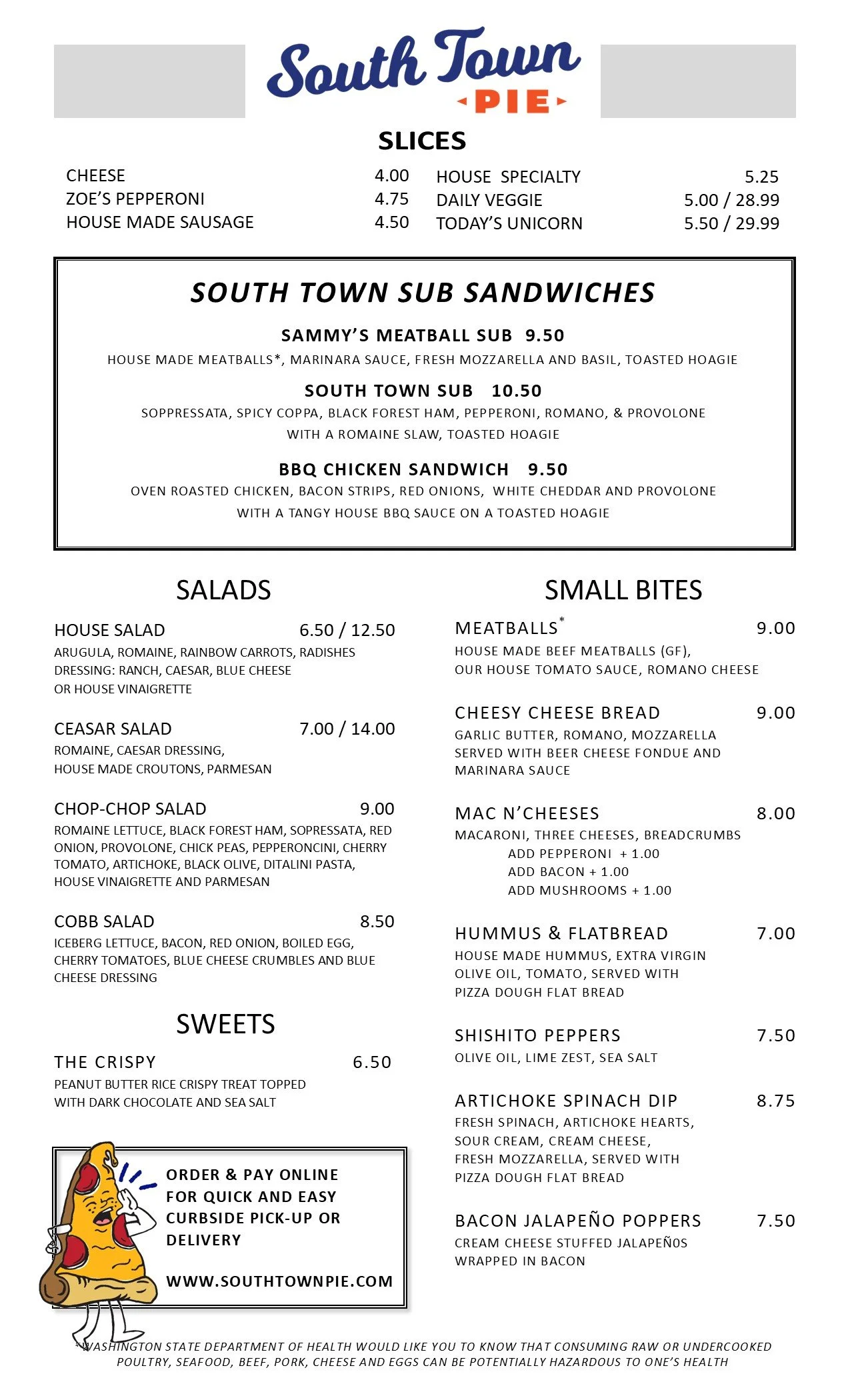 Menus — South Town Pie | Pizza Bar in South Park, Seattle