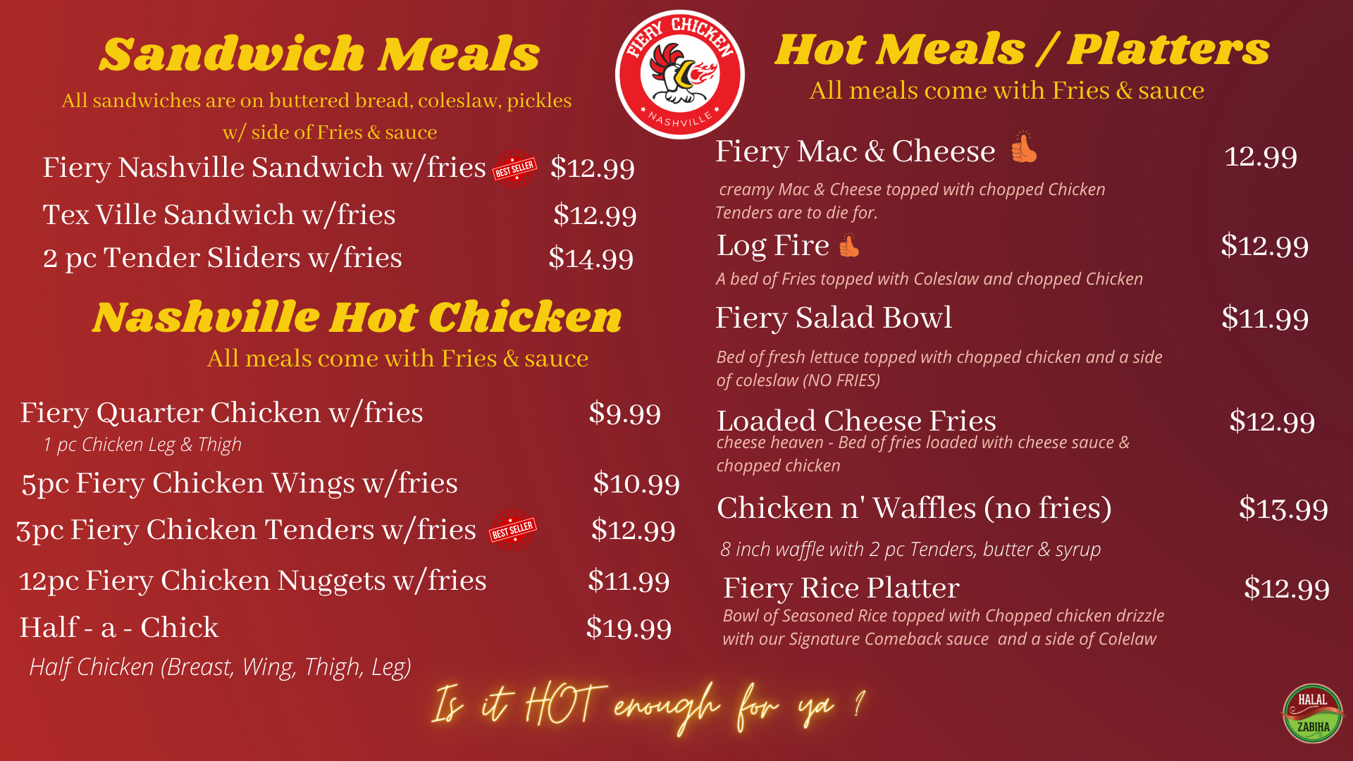Fiery Hot Chicken Menu — Fiery Nashville Chicken
