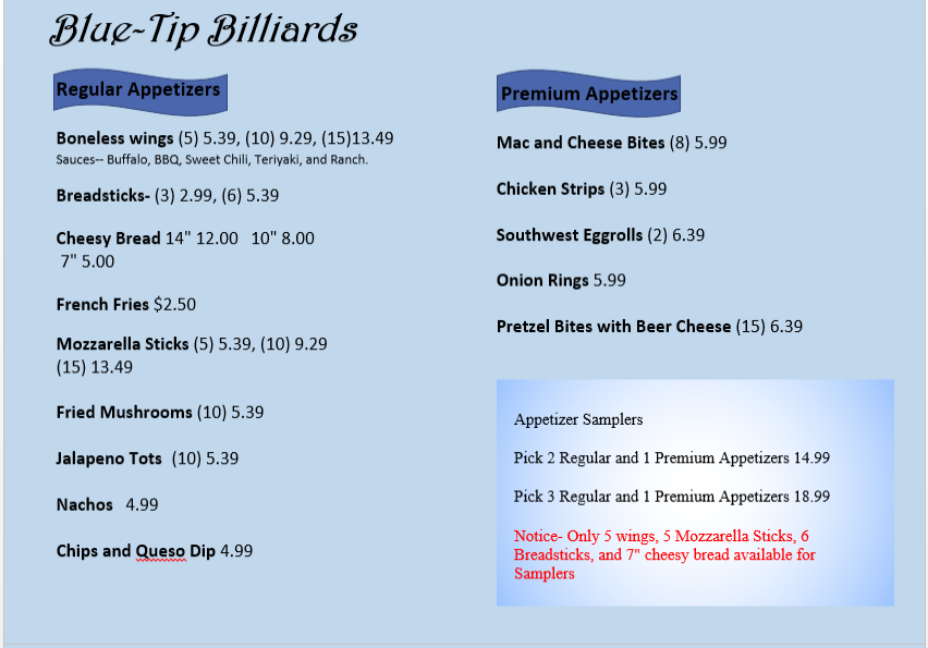 Menu — Blue Tip BillIards