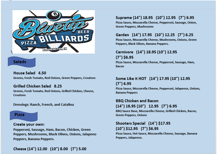 Menu — Blue Tip BillIards
