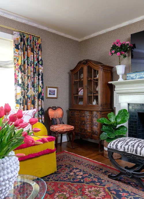 High end living room with pattern on pattern and a blend of vintage and ...