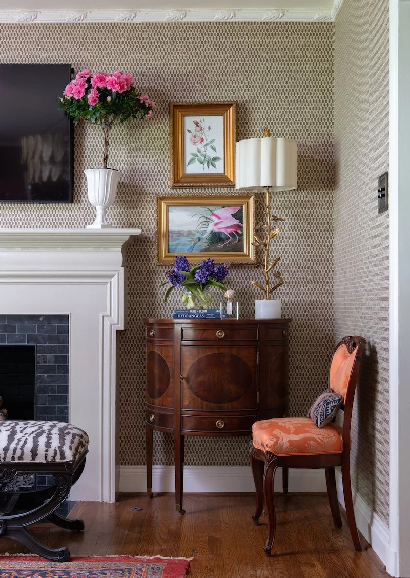 High end living room with pattern on pattern and a blend of vintage and ...