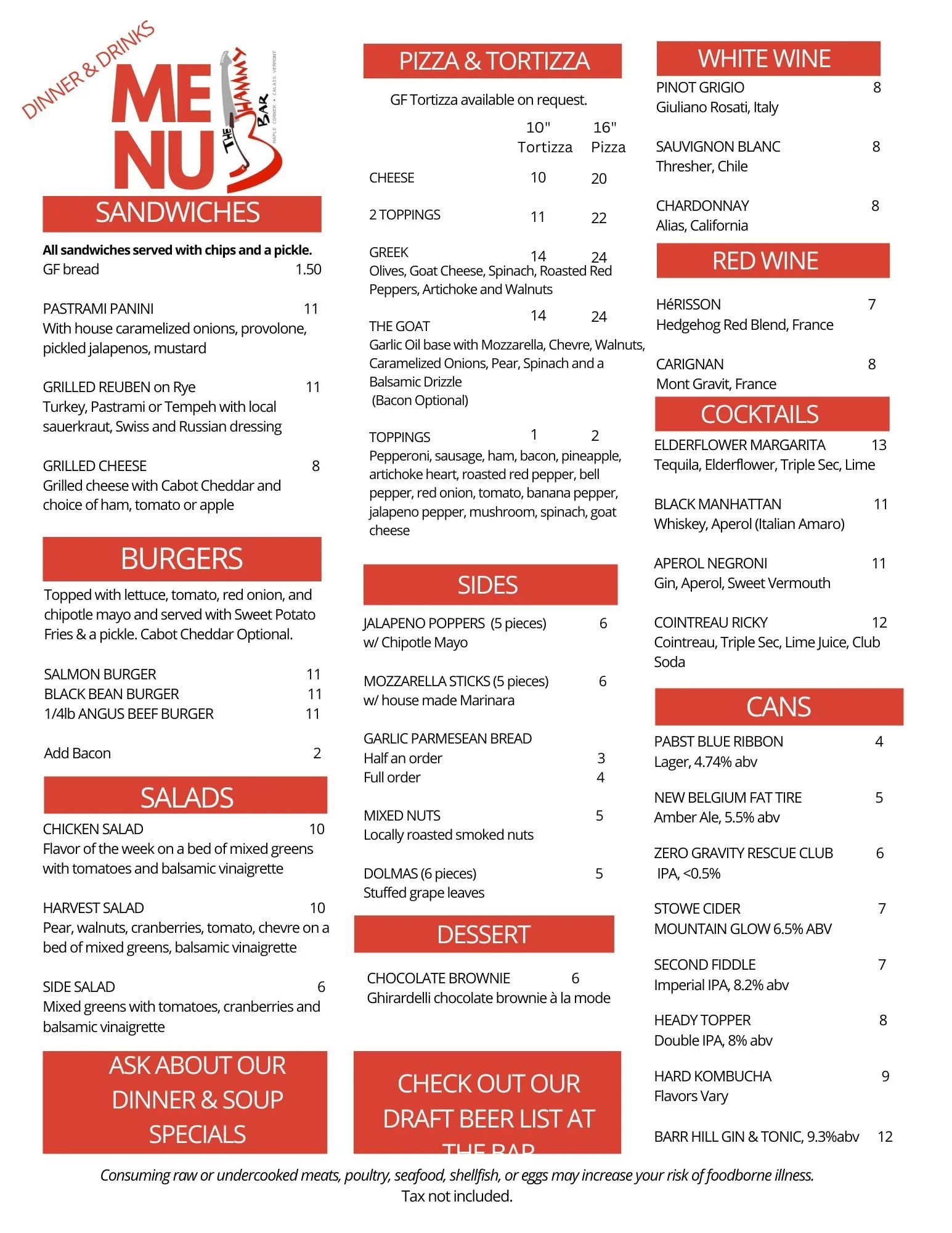 Whammy Bar Menu — Maple Corner Community Store & Whammy Bar