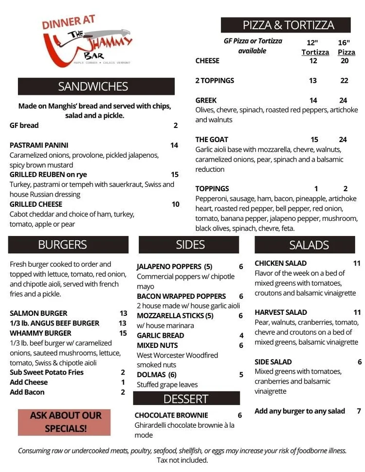 Whammy Bar Menu — Maple Corner Community Store & Whammy Bar