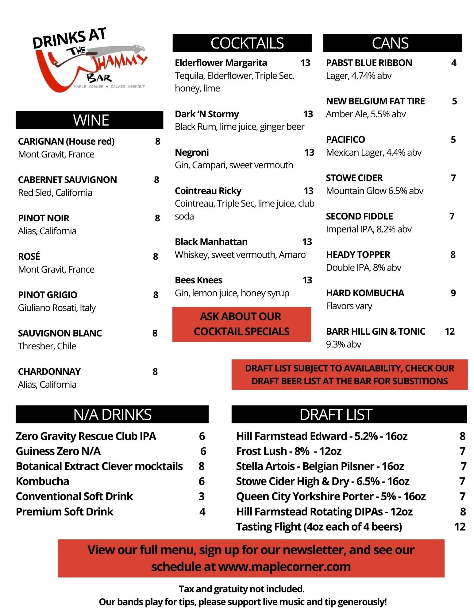Whammy Bar Menu — Maple Corner Community Store & Whammy Bar
