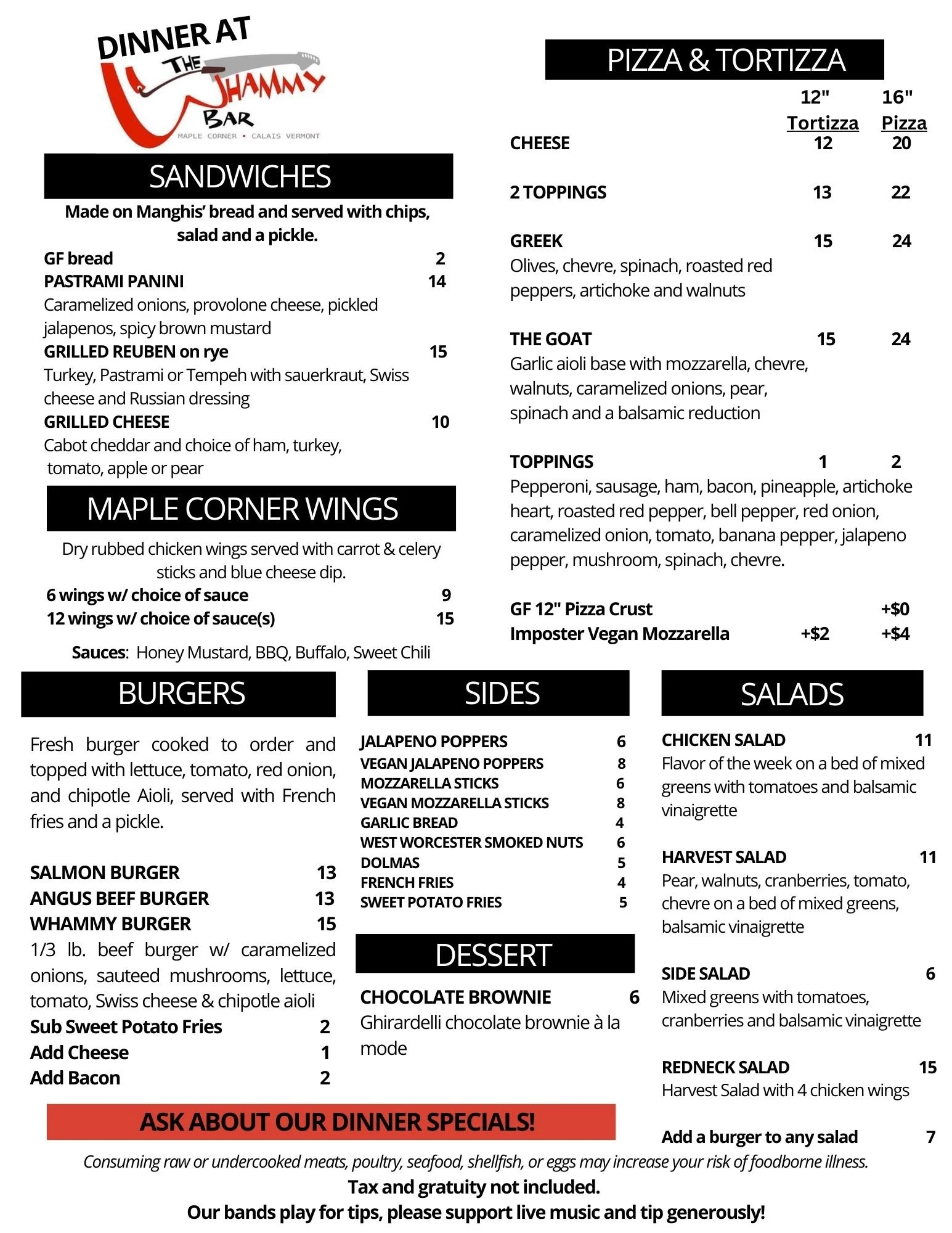 Whammy Bar Menu — Maple Corner Community Store & Whammy Bar