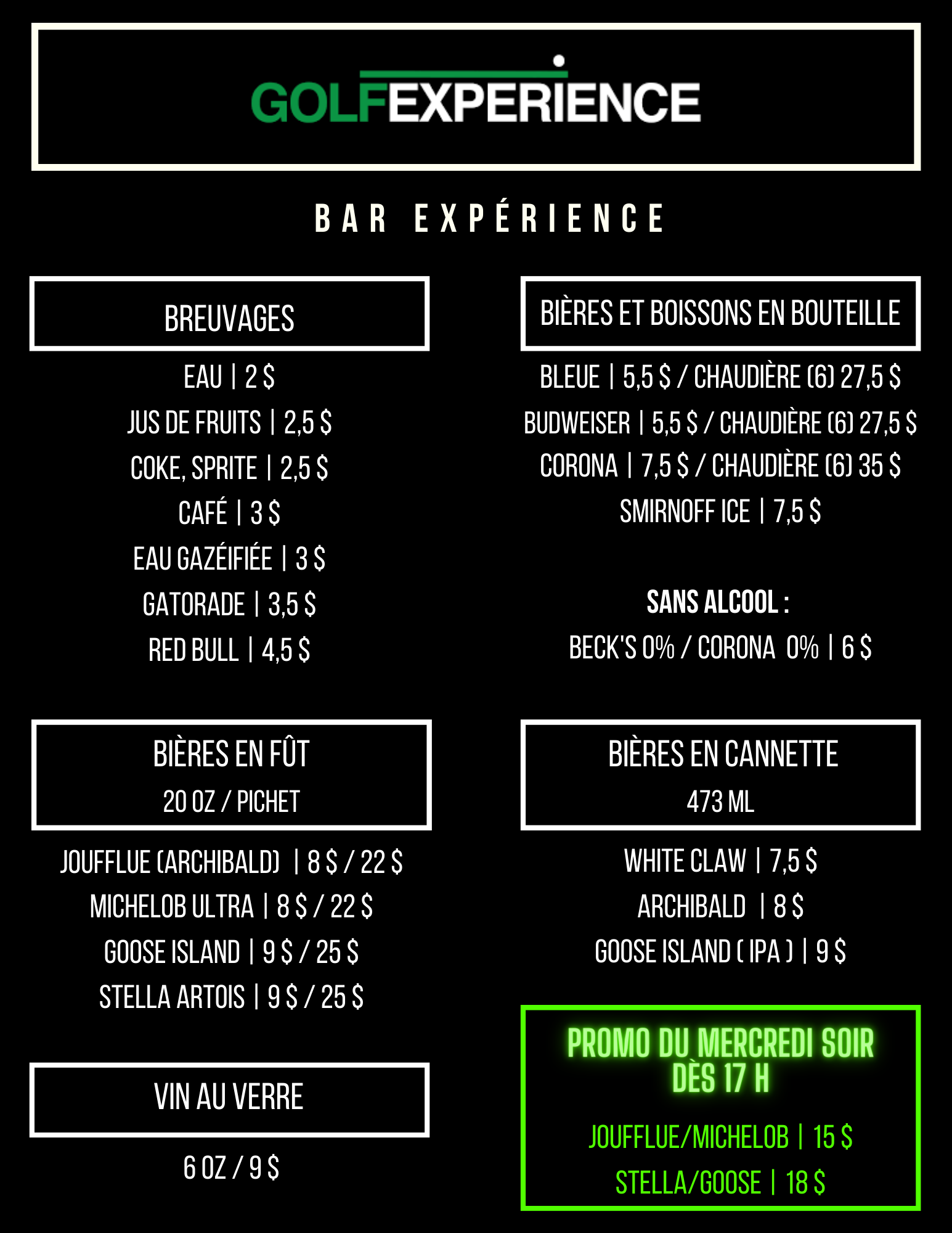 Menu — Golf Expérience