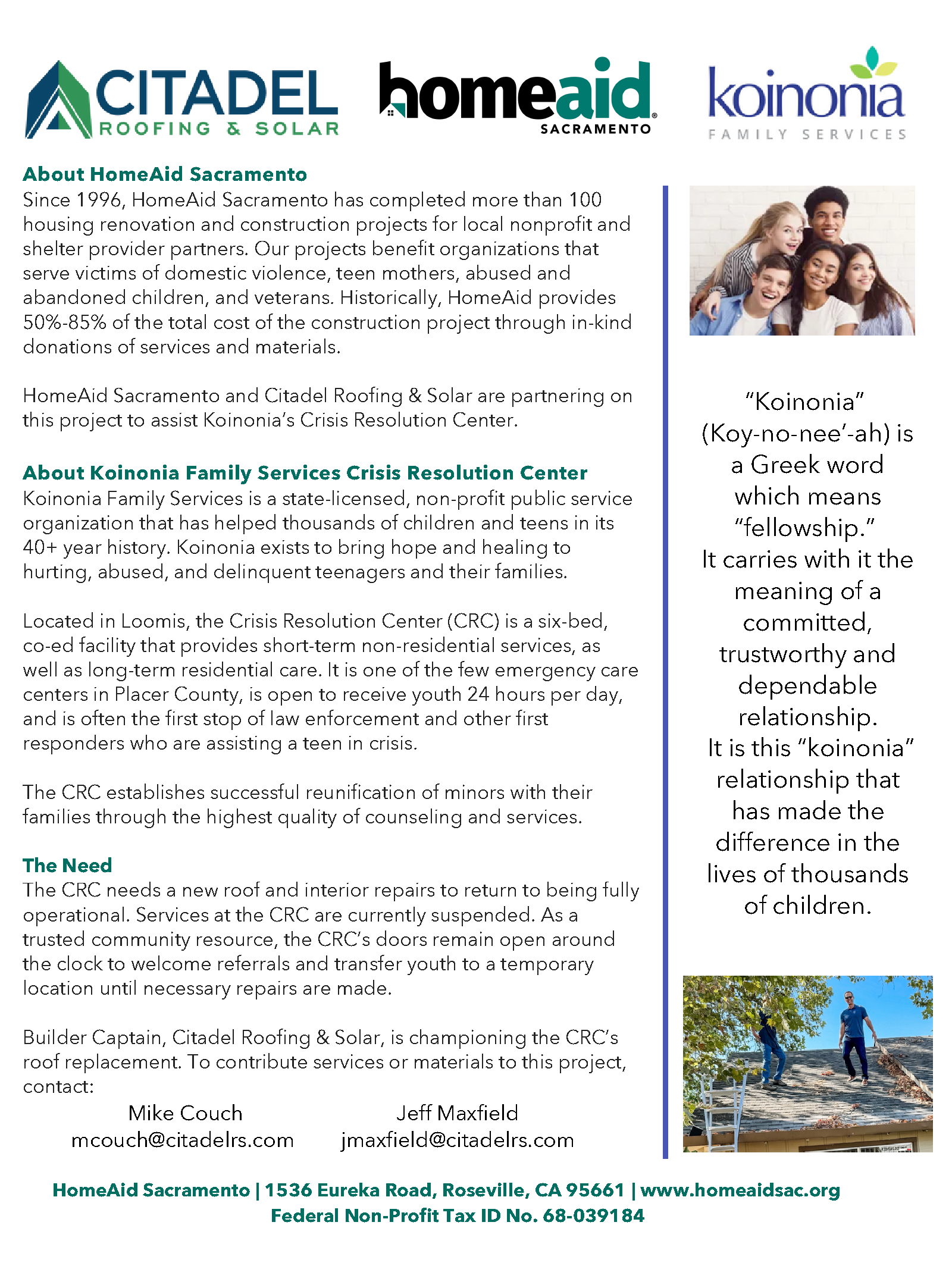 Koinonia Family Services Crisis Resolution Center — HomeAid® Sacramento ...
