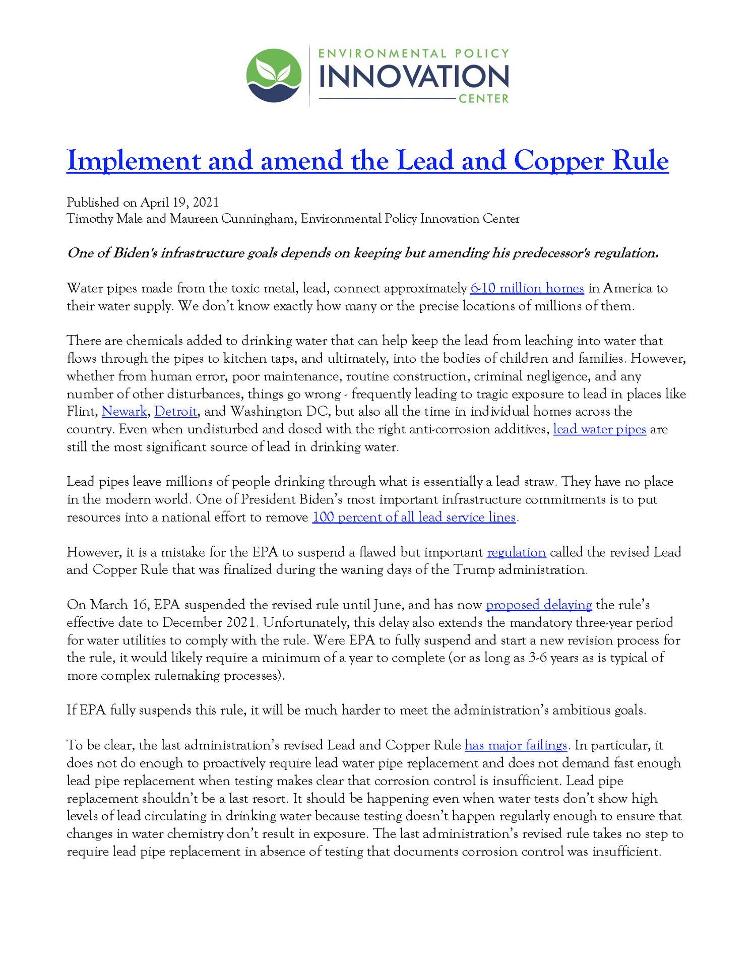 Implement and amend the Lead and Copper Rule — Environmental Policy ...