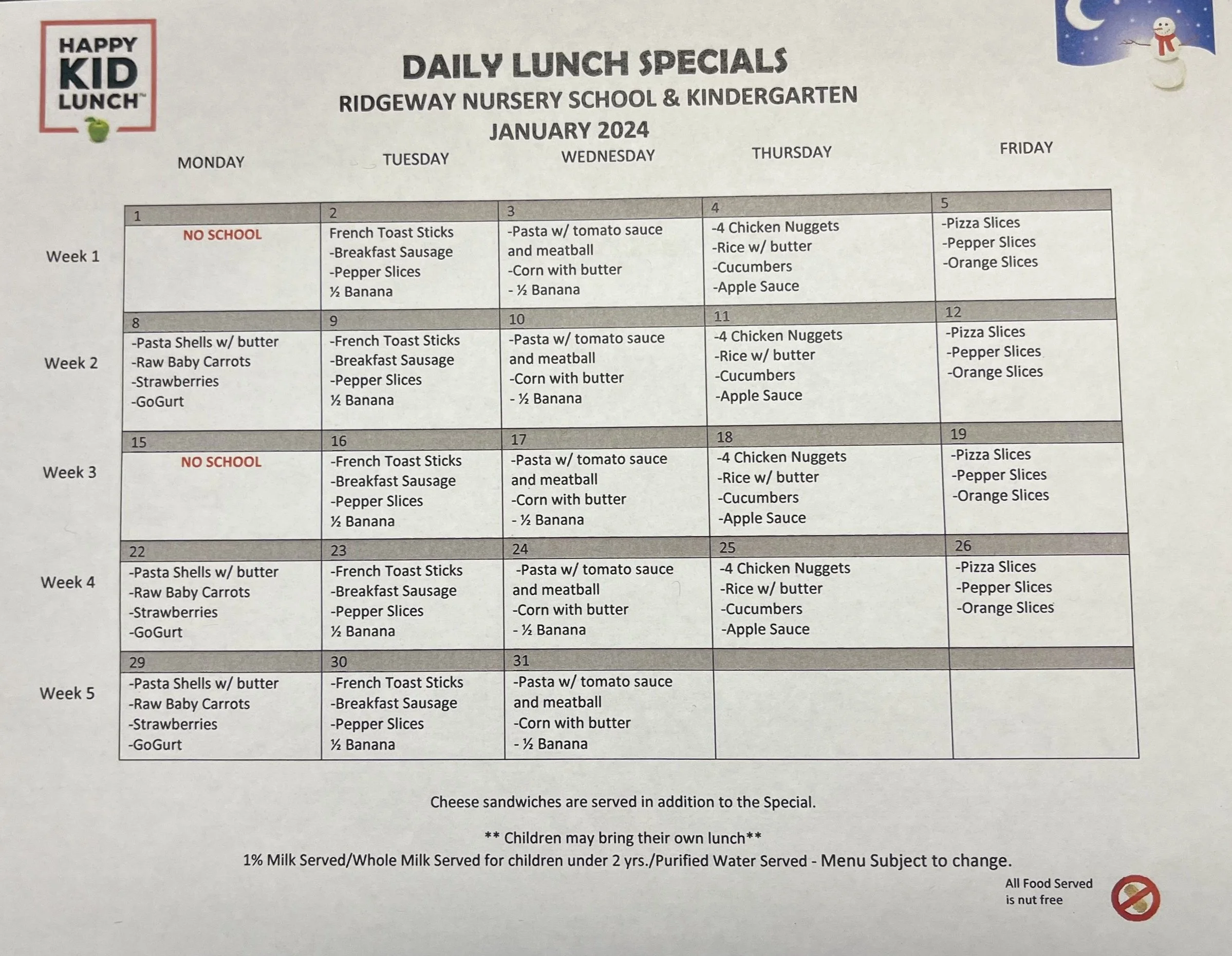 Lunch Menu — Ridgeway Nursery School & Kingdergarten