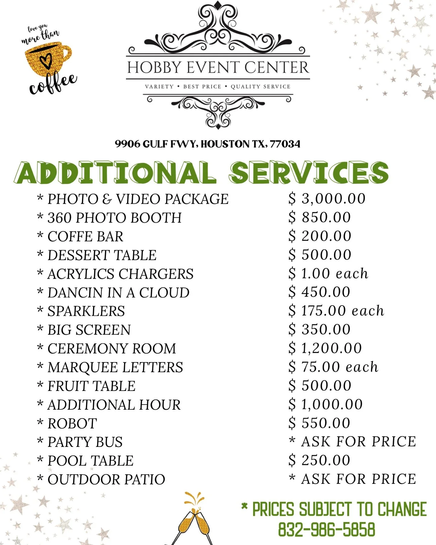 Package & Prices — Hobby Event Center