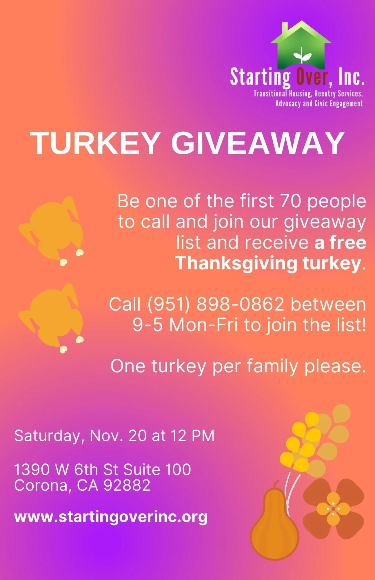 Events — Starting Over, Inc.