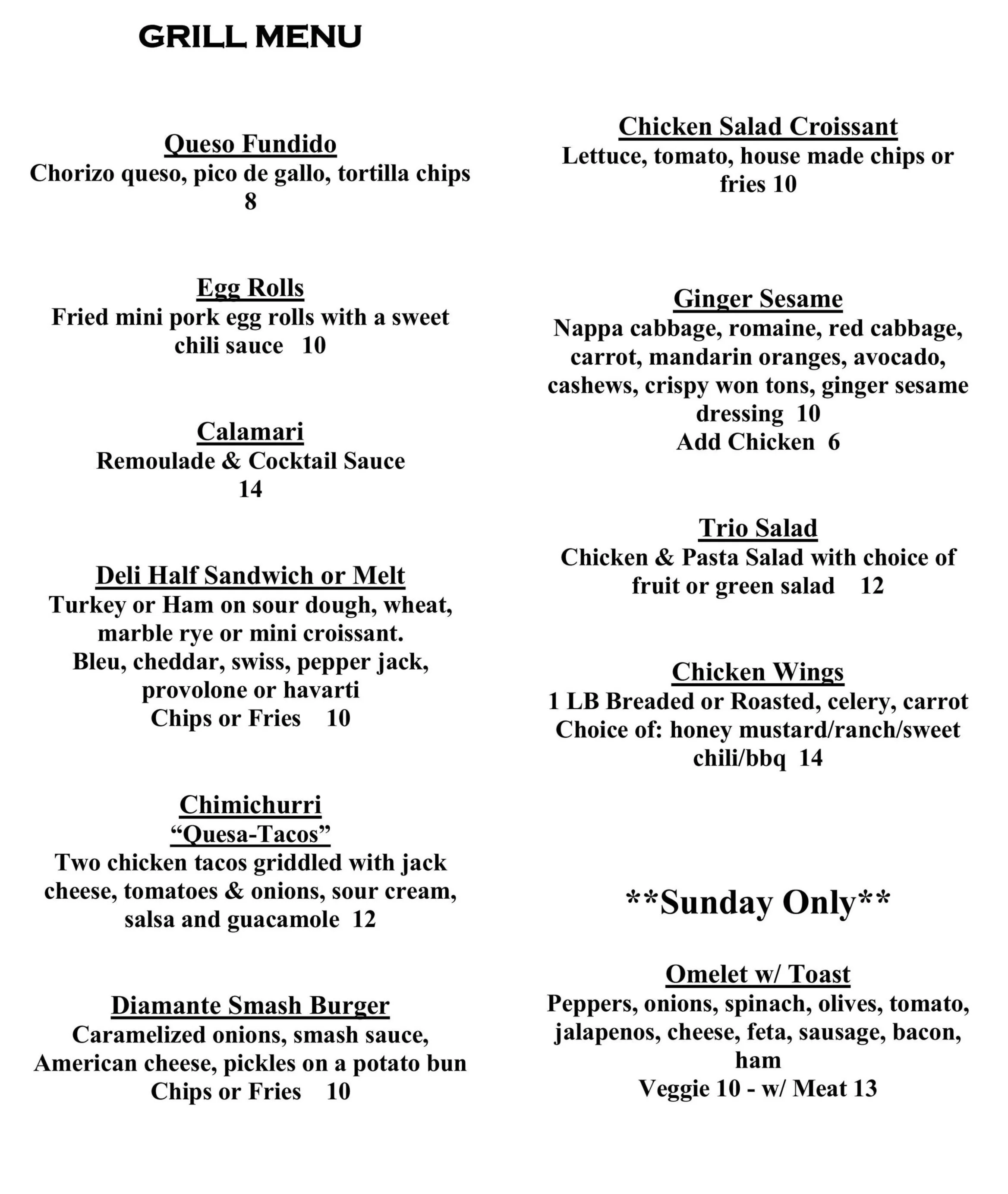 Menu — Diamante Country Club