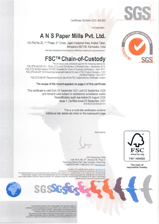 Certifications — A N S Paper Mills
