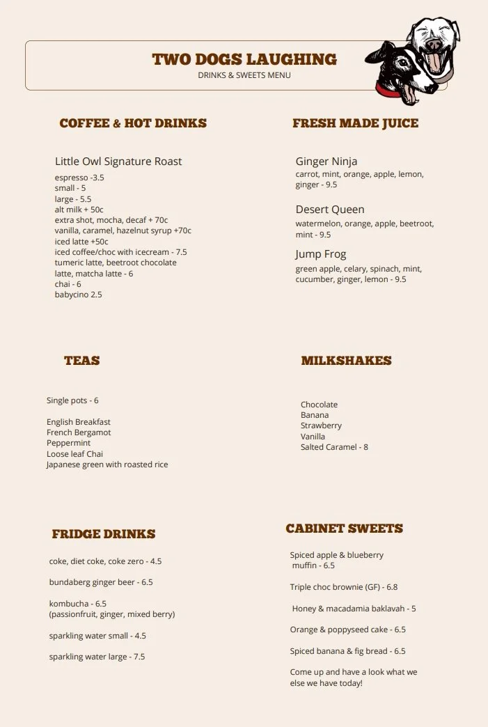 Menu 1 — Two Dogs Laughing