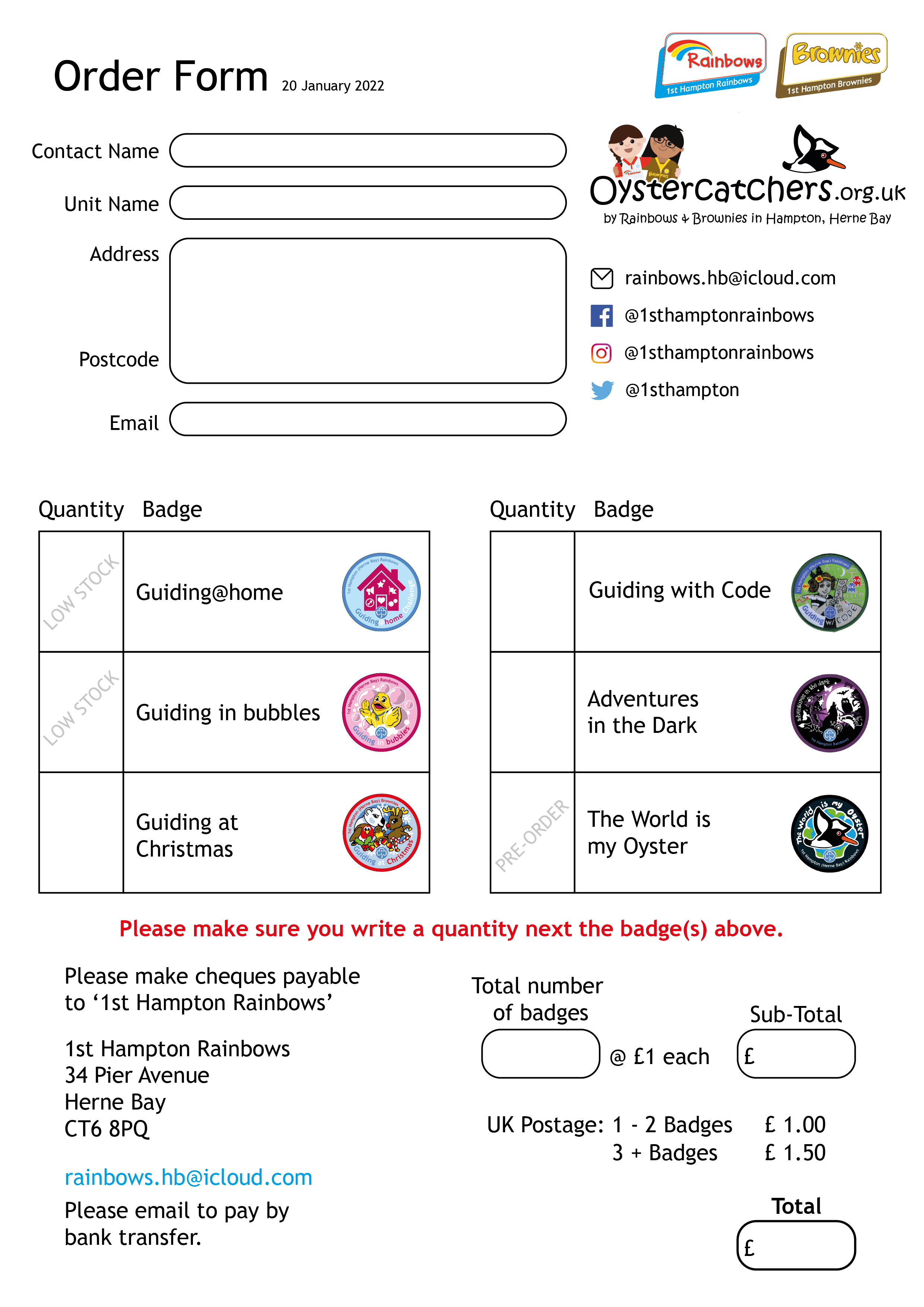 Order form for challenge badges from Hampton, Herne Bay — Oystercatchers