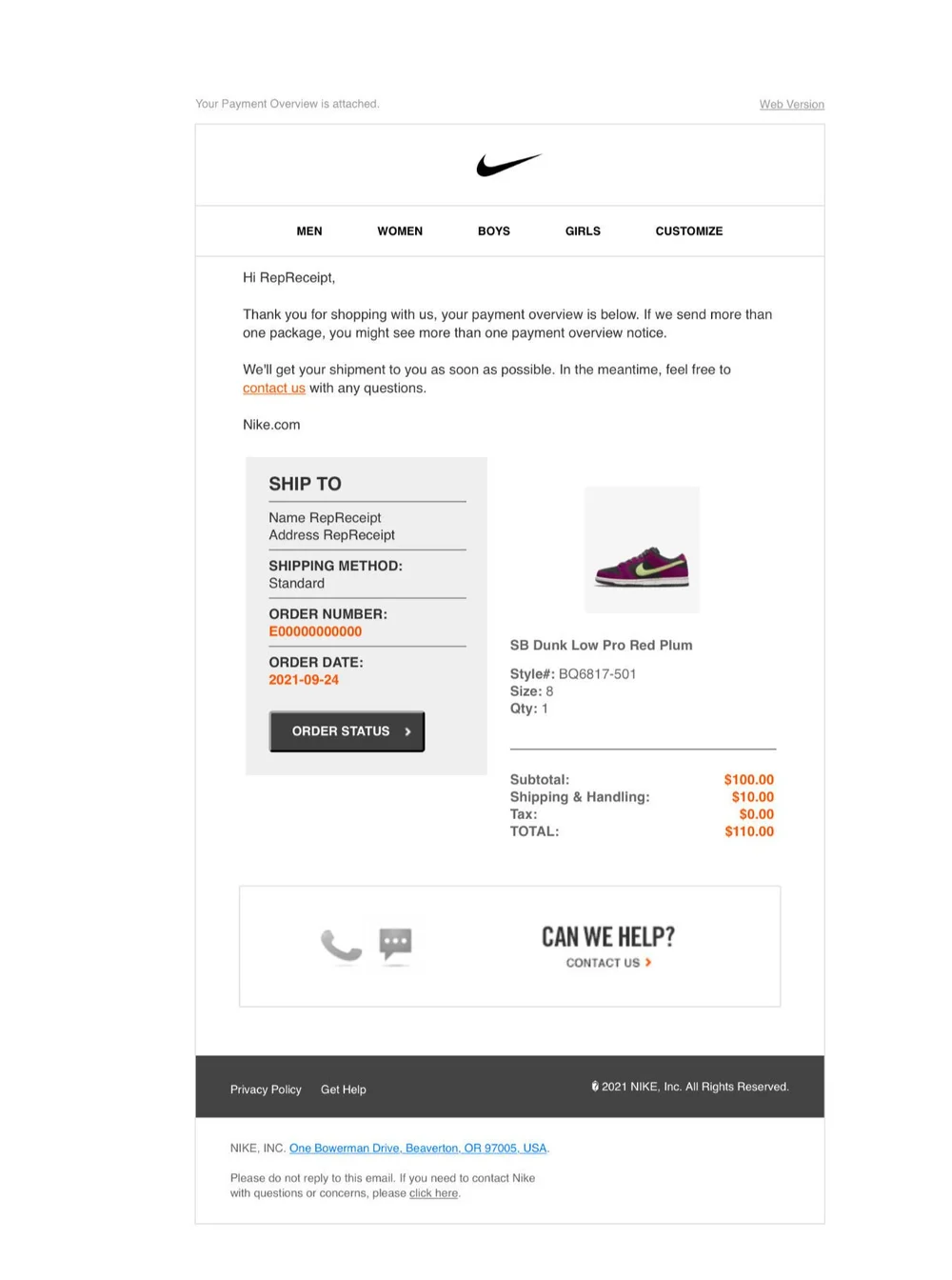 Nike email receipt