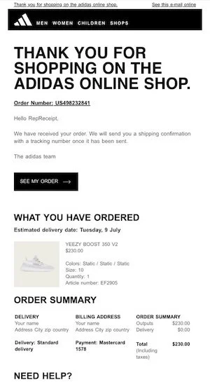 Adidas email receipt