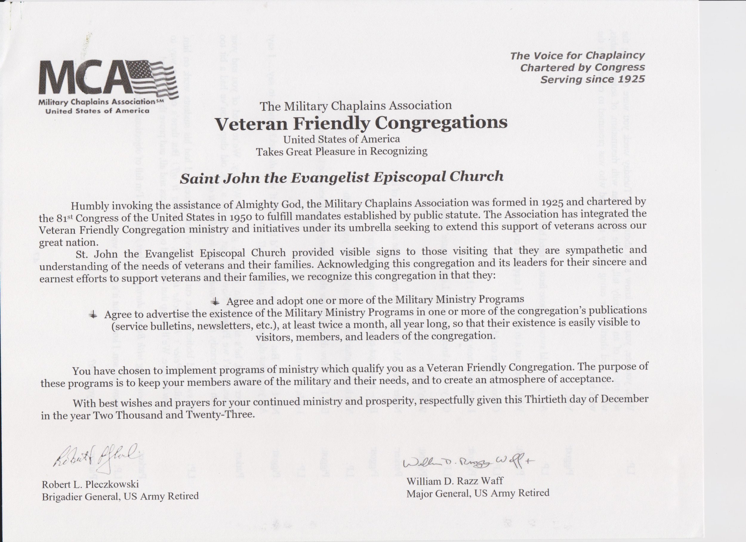 Military Chaplains Association — St. John the Evangelist Episcopal Church