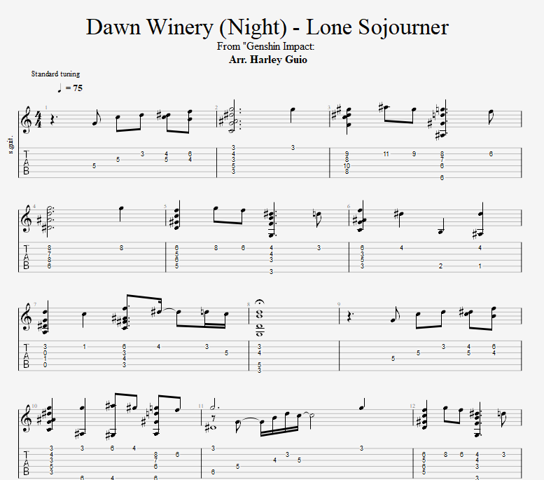 Dawn Winery - Night (Lone Sojourner) - Genshin Impact - TABS + Sheet ...