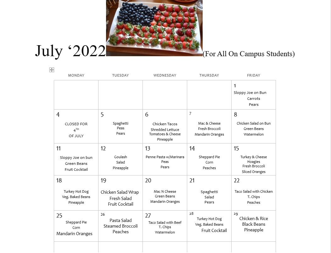 July Lunch Menus — The Village