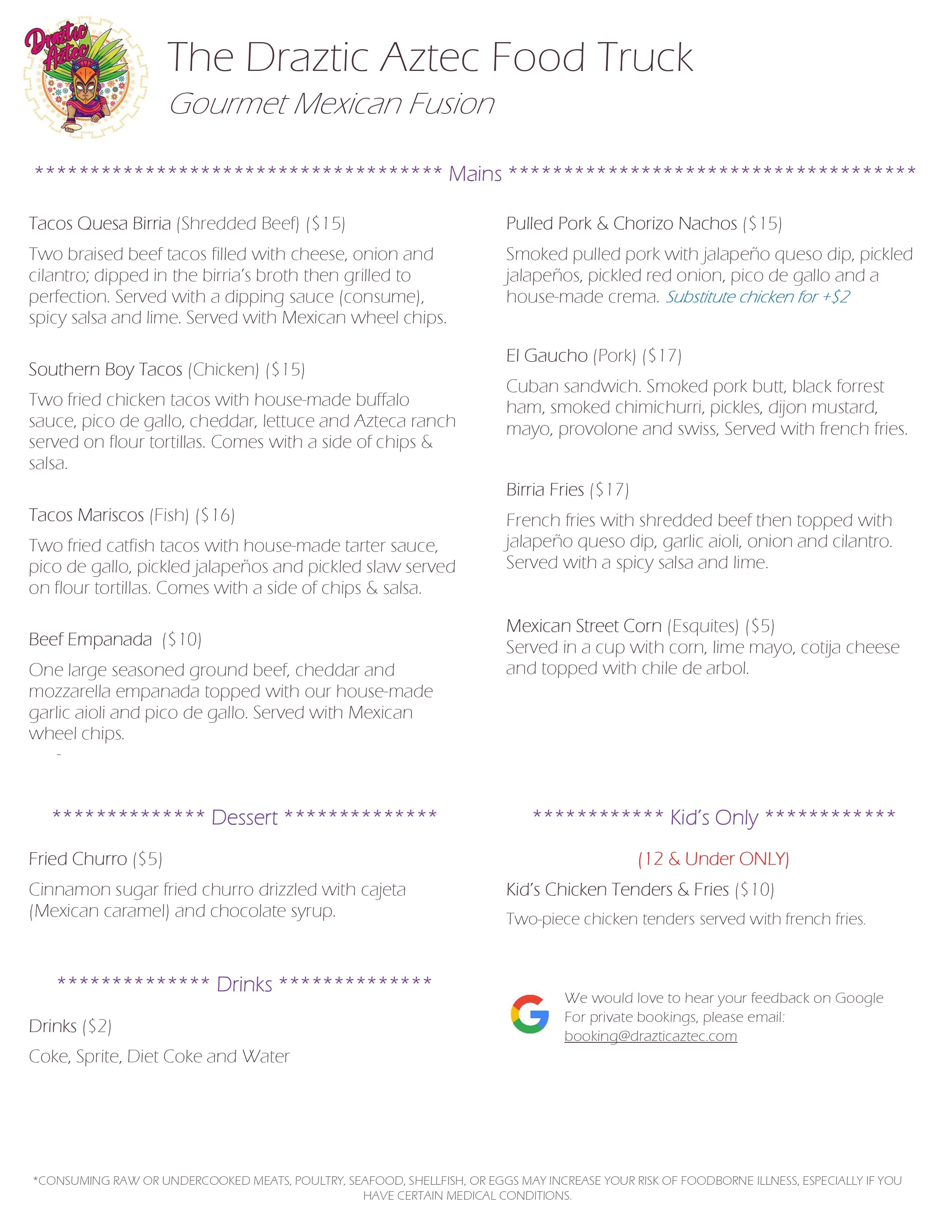 Menu — Draztic Aztec Food Truck